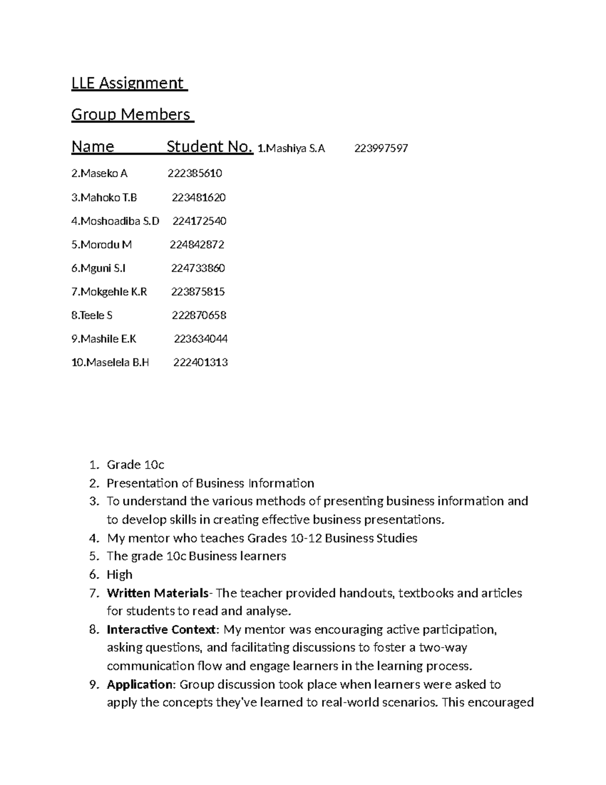 LLE - English ASSIGNMENT 2 - LLE Assignment Group Members Name Student No. 1 S 223997597 2 A ...