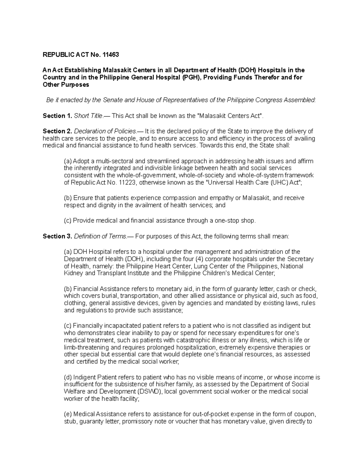 Republic ACT No 11463 Sample Notes REPUBLIC ACT No 11463 An Act