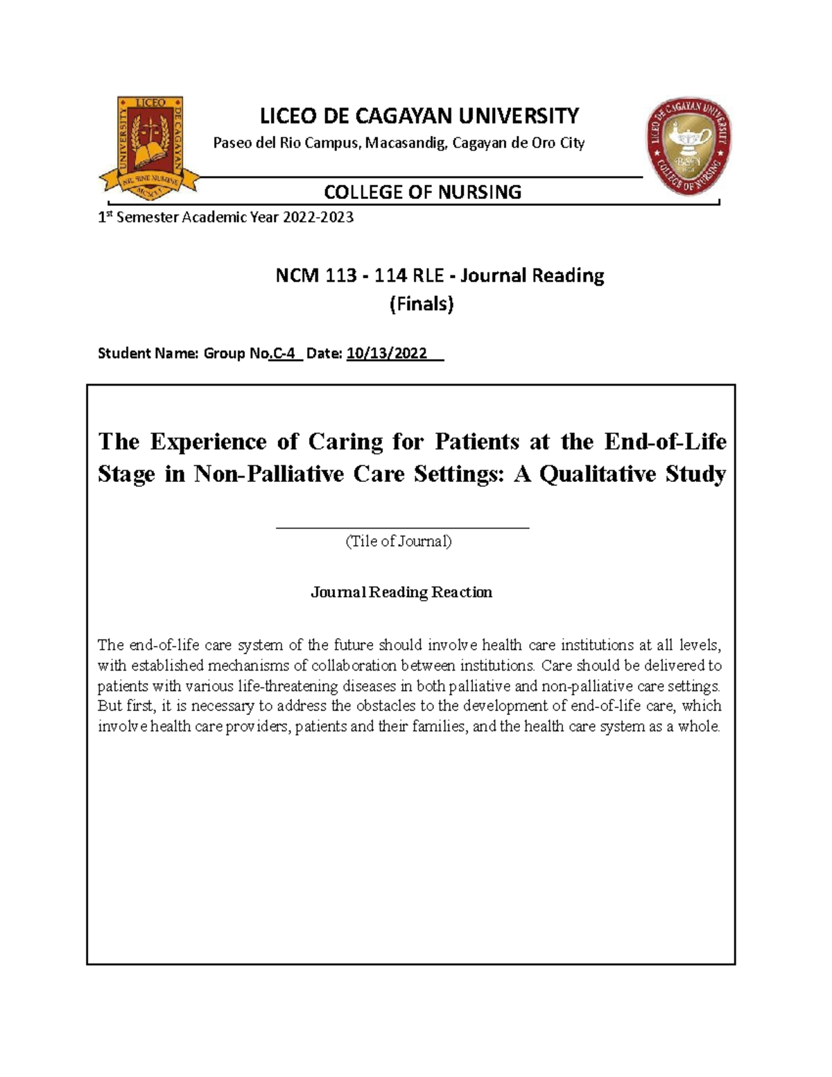 Journal-Reading - assignments - LICEO DE CAGAYAN UNIVERSITY Paseo del ...