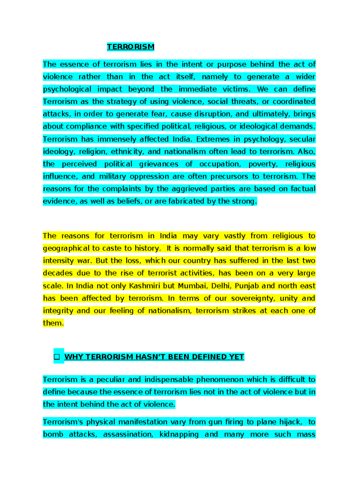 Terrorism - Assignment - TERRORISM The essence of terrorism lies in the intent or purpose behind ...