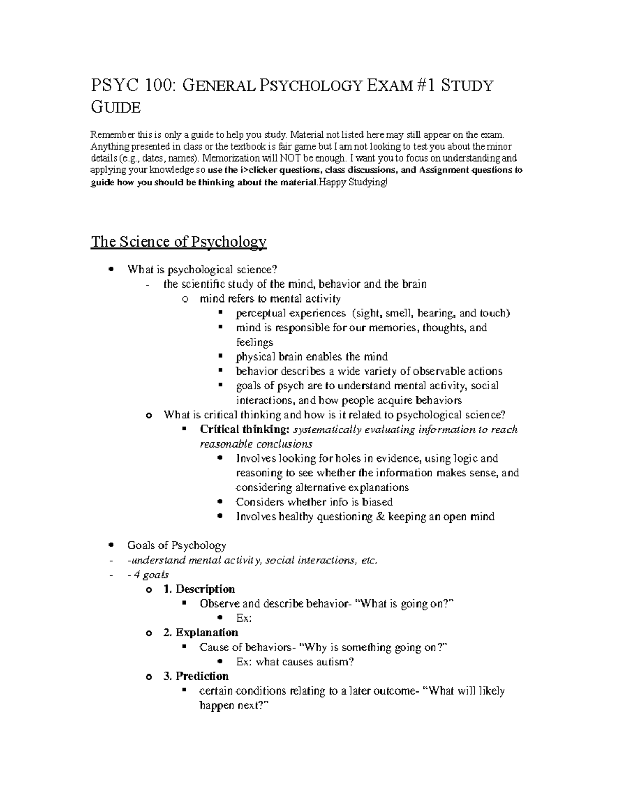 PSYC 100 study guide exam 1 - PSYC 100: GENERAL PSYCHOLOGY EXAM #1 ...