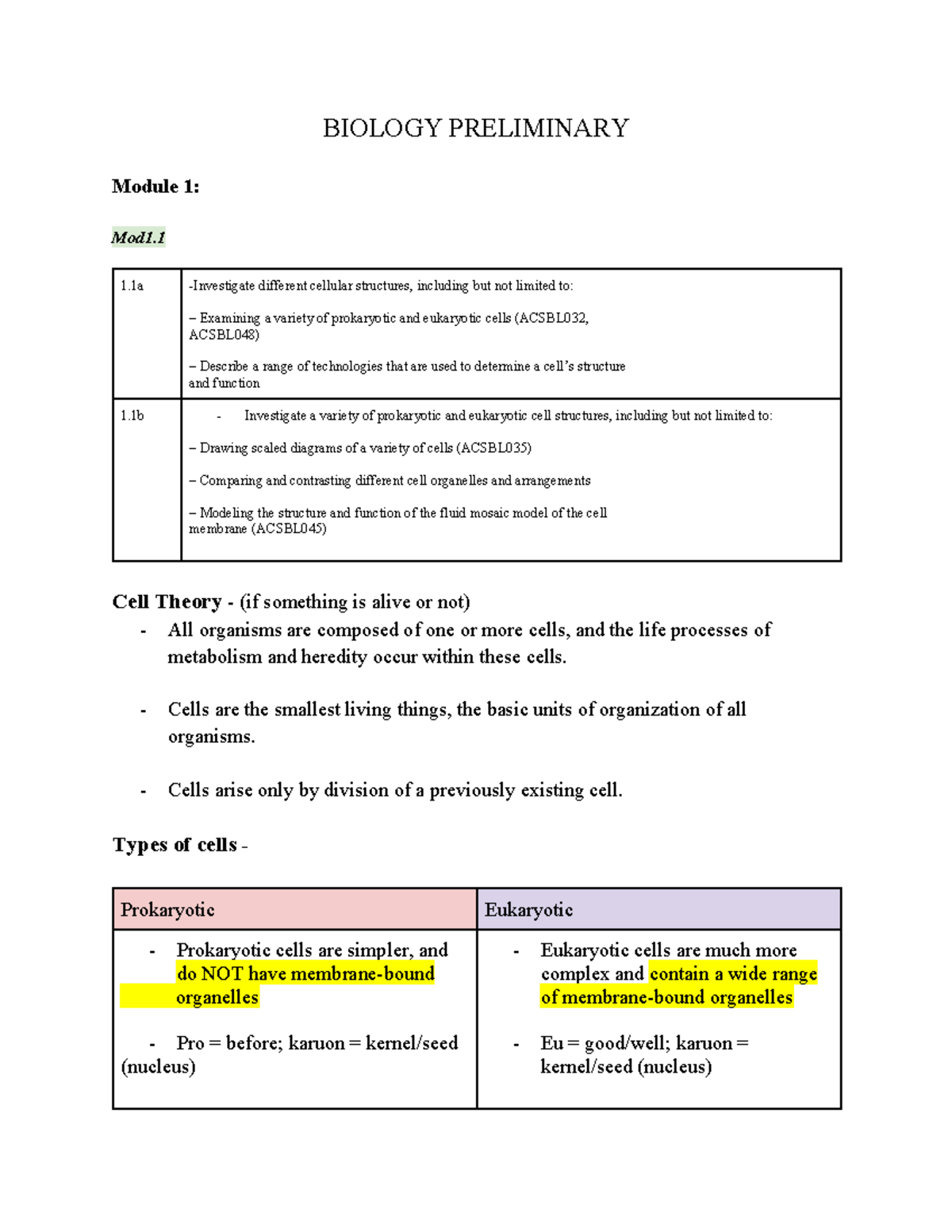 BIO YR 11 - Notes Prelim - BIOLOGY PRELIMINARY Module 1: Mod1. 1 ...