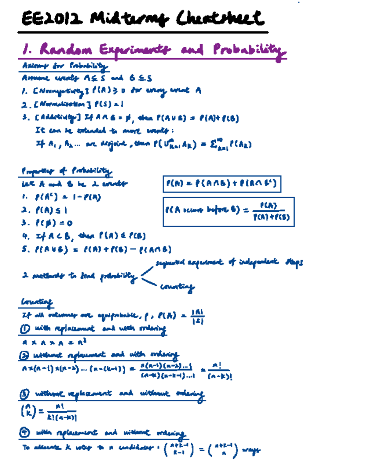 EE2012 Midterms Cheatsheet - EE2012 Midtermy Cheatsheet Random Experiments and Probability ...