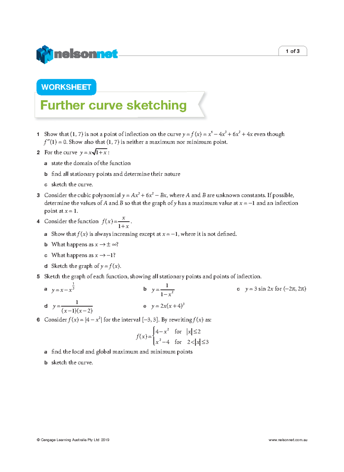 Further curve sketching - © Cengage Learning Australia Pty Ltd 2019 ...