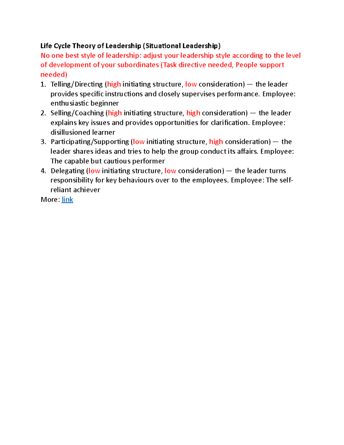 Life Cycle Theory of Leadership - Employee: enthusiastic beginner ...