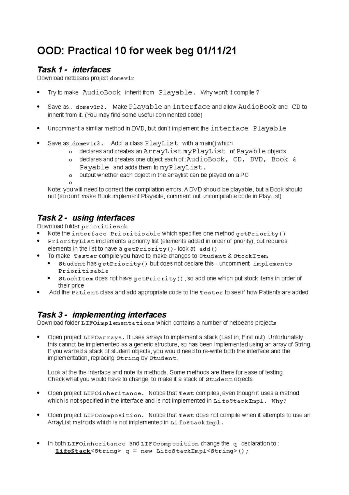 10 Practical - Interfaces - OOD: Practical 10 for week beg 01/11/ Task ...