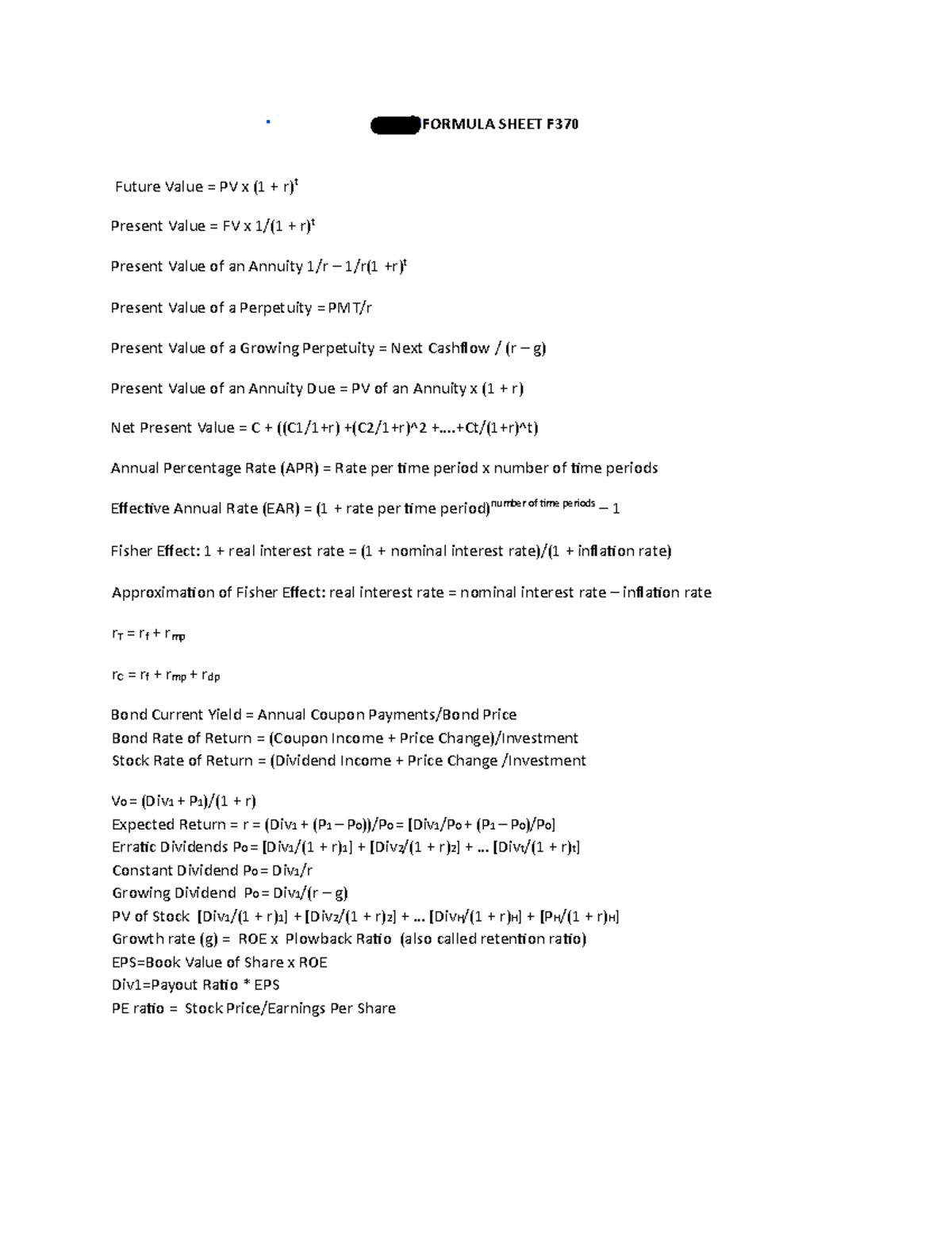 F370 Exam One Formula Sheet - 2023 FORMULA SHEET F3 70 Future Value ...
