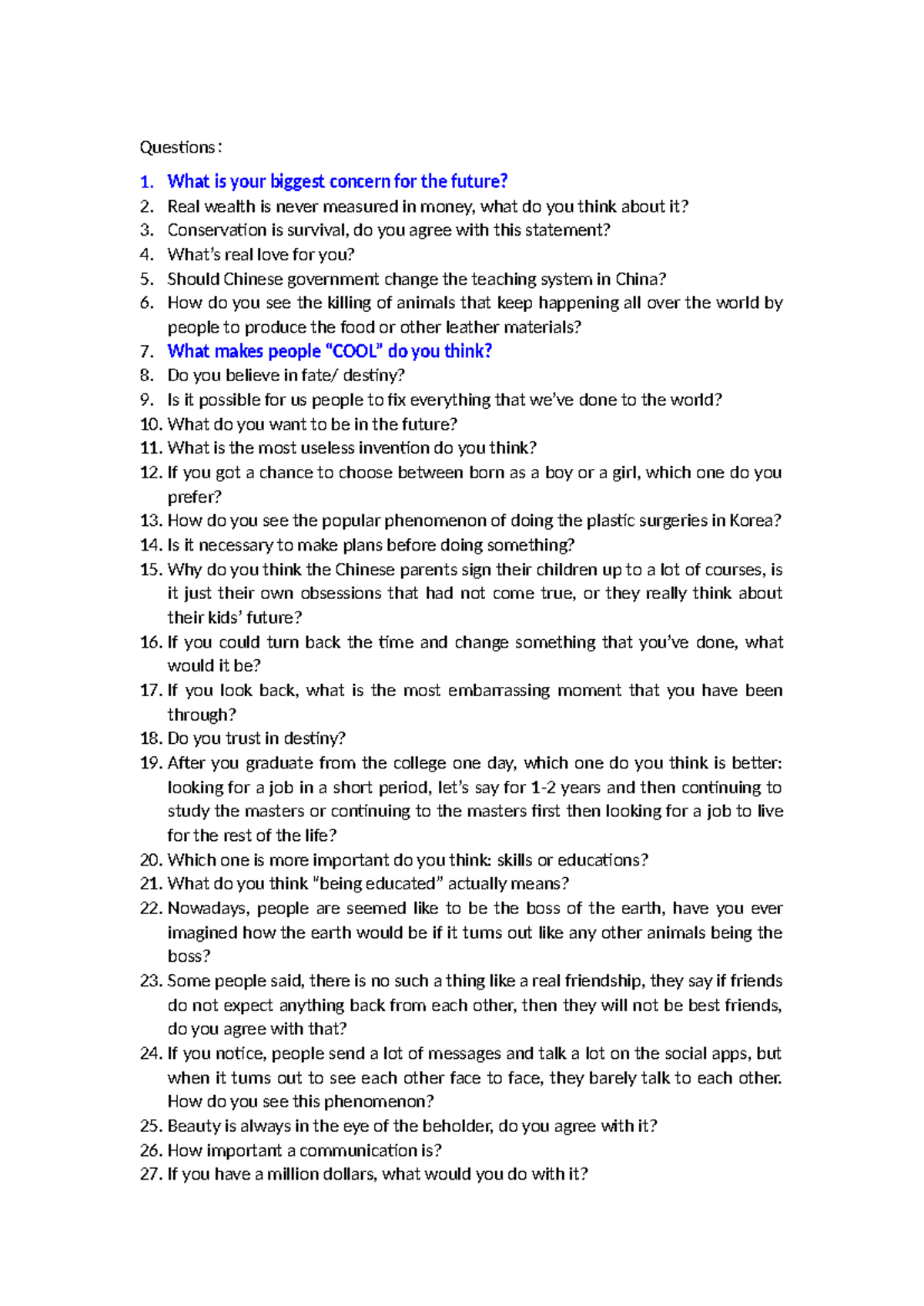 Impromptu Speech Topics For Junior and S - Questions： What is your ...