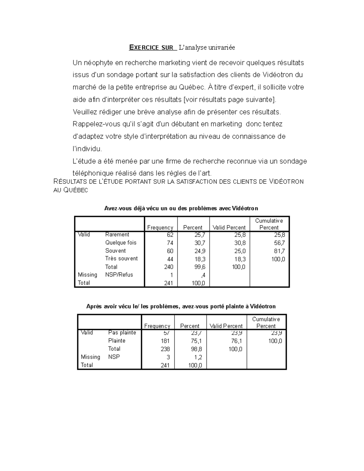Exercice 1 Enoncé Analyse Univariée MKG5301 - EXERCICE SUR L’analyse ...