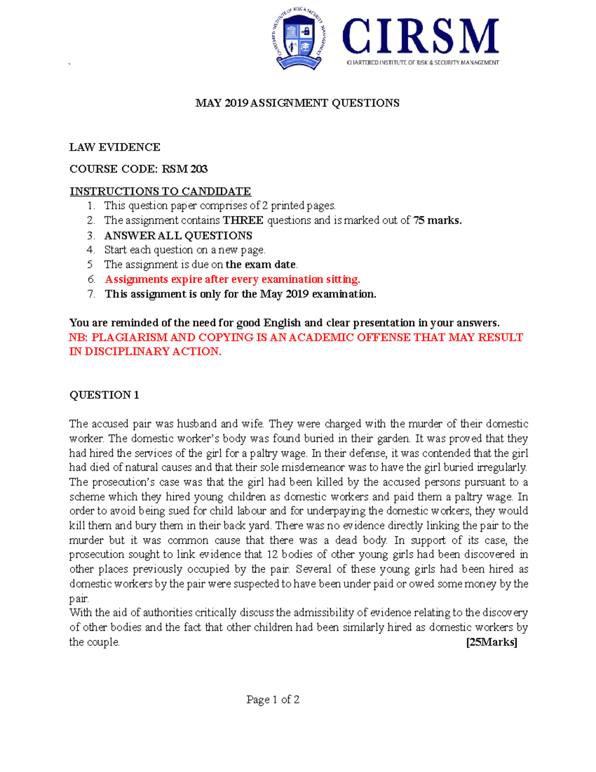 RSM 203 LAW Evidence - Good Stuff - ` MAY 2019 ASSIGNMENT QUESTIONS LAW ...