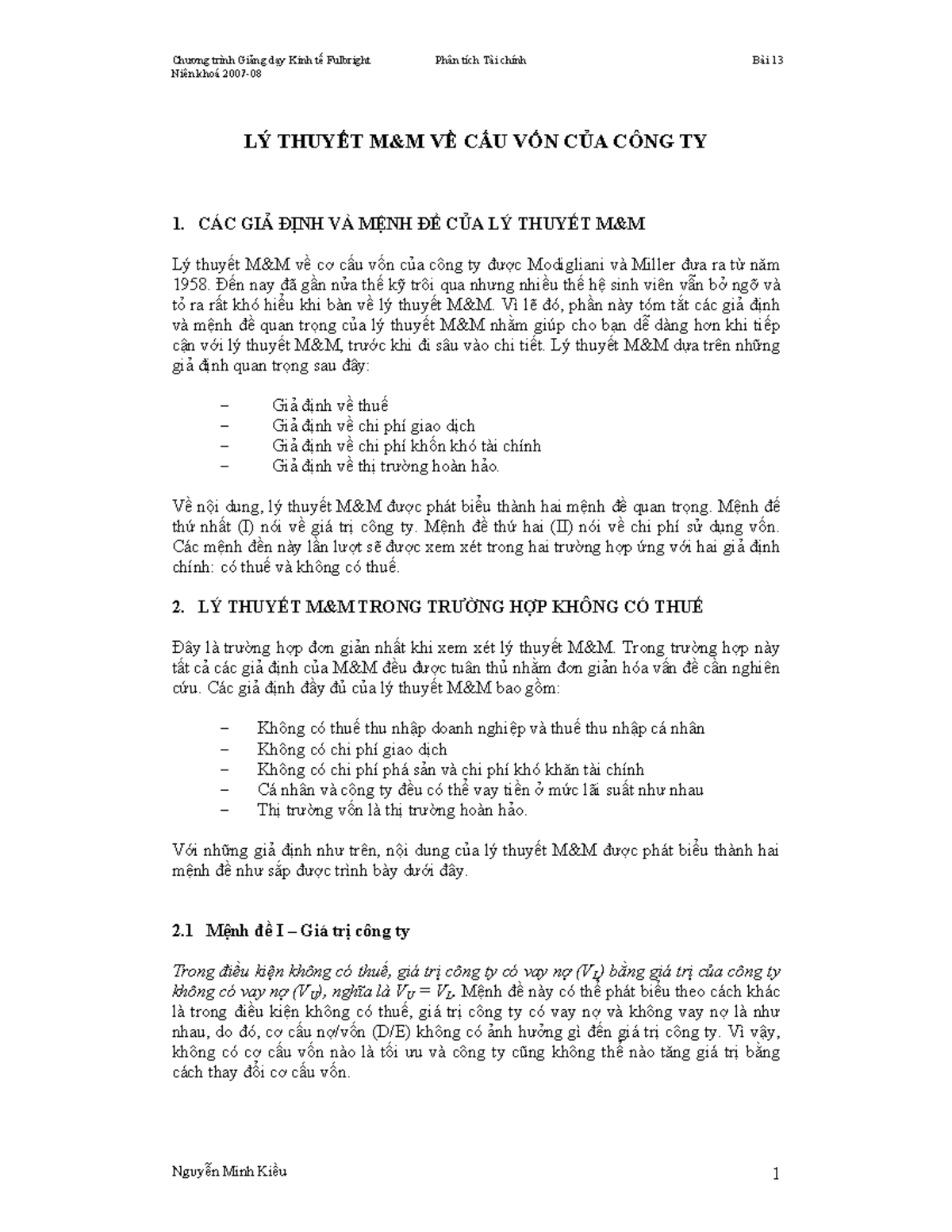 Ly thuyet ve co cau von MM Fullbright reading material - NiÍn kho· 2007- L› THUYẾT M&M VỀ CẤU ...