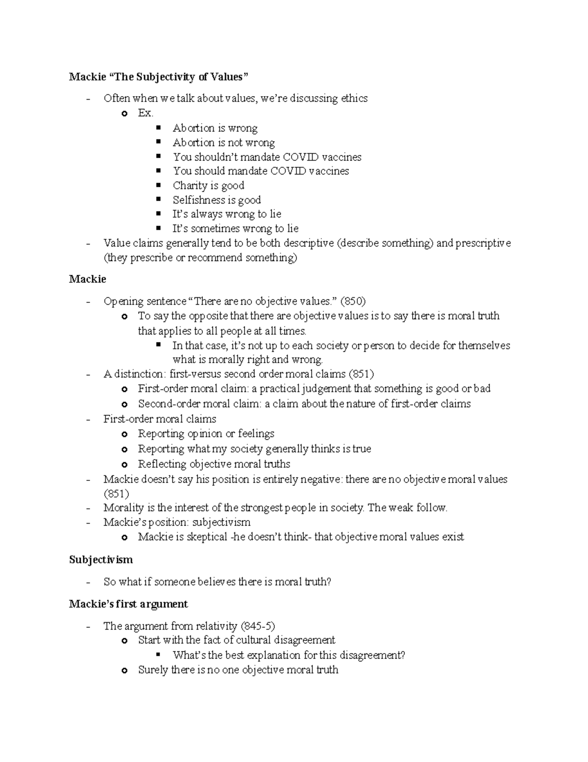 John Mackie - Material needed for Exam 2. - Mackie “The Subjectivity of ...