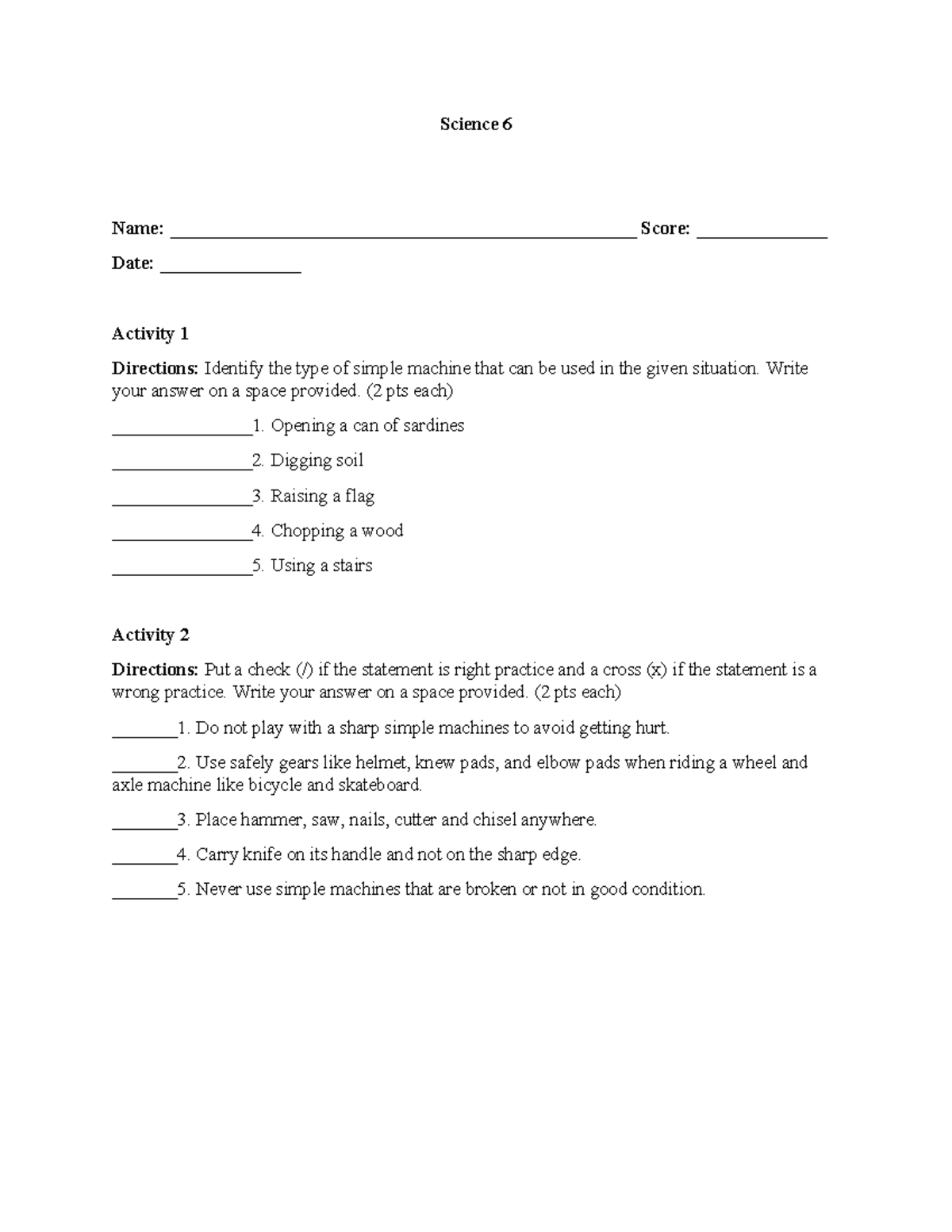 Science 6 activity - Science 6 Name ...