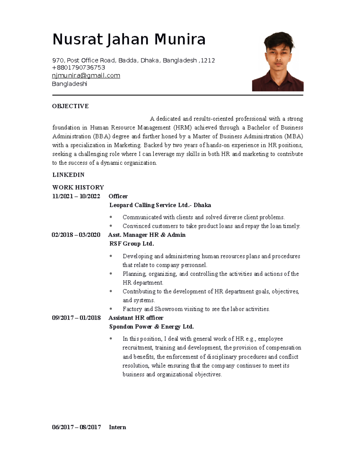 Traditional CV - Nusrat Jahan Munira 970, Post Office Road, Badda, Dhaka, Bangladesh , + - Studocu