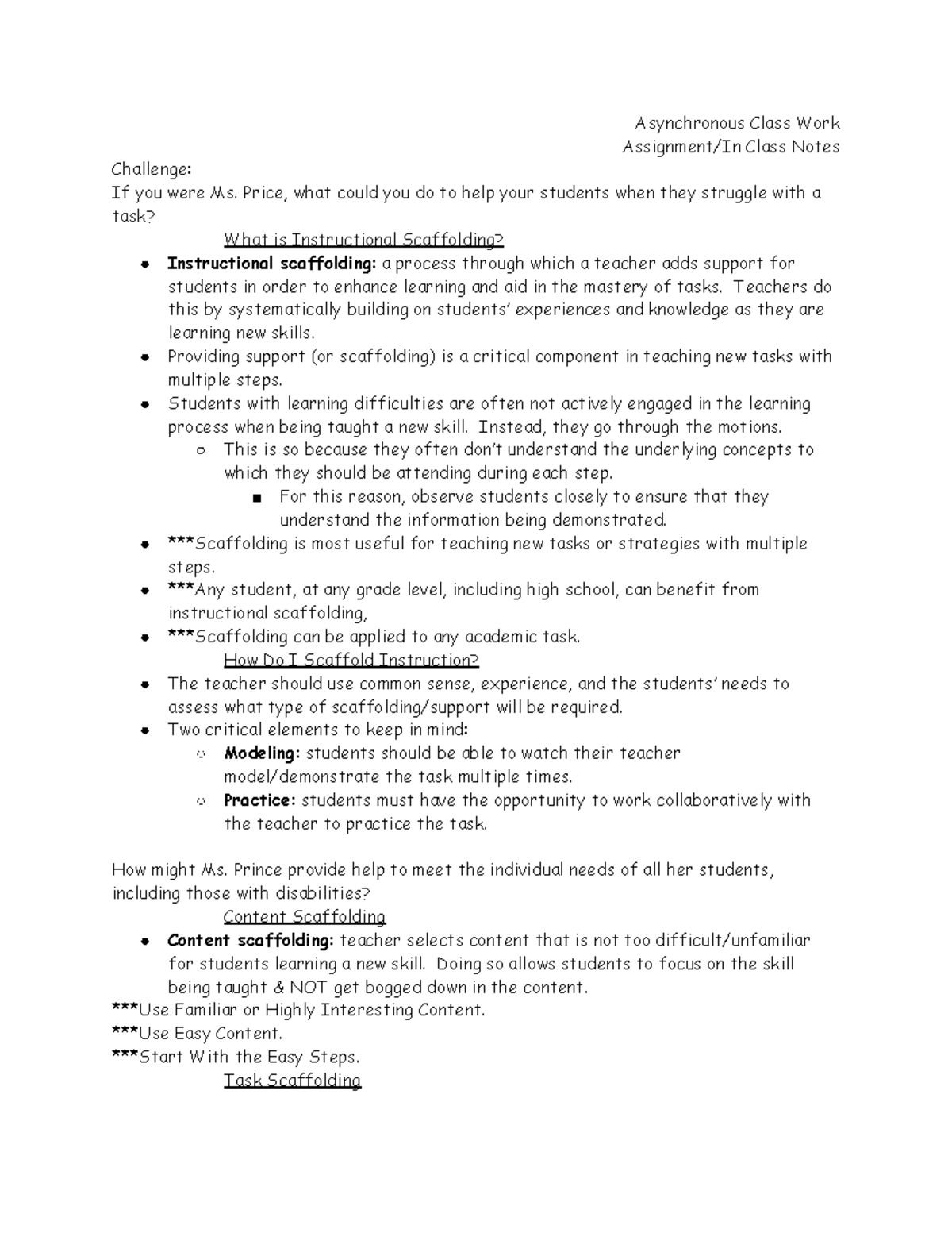 Scaffolding Instruction - Asynchronous Class Work Assignment/In Class ...