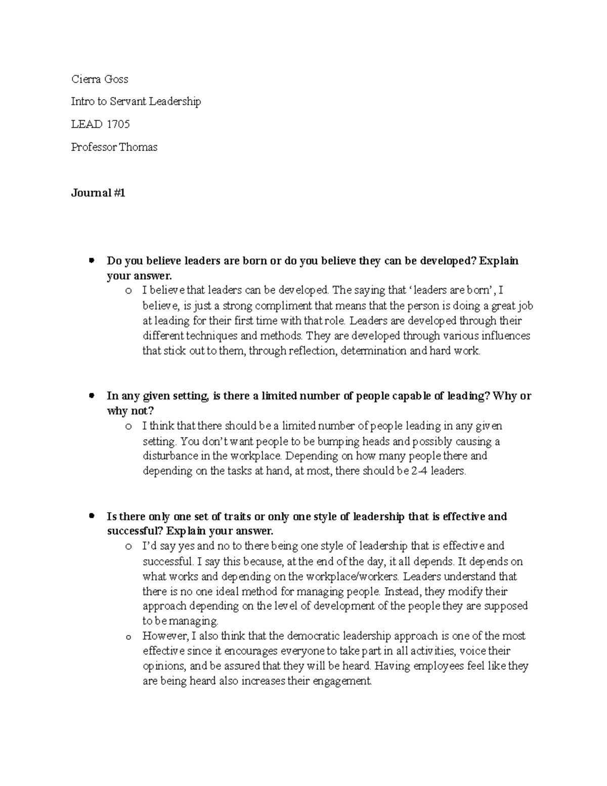 Intro to Servant Leadership Journal #1 CGoss - Cierra Goss Intro to ...