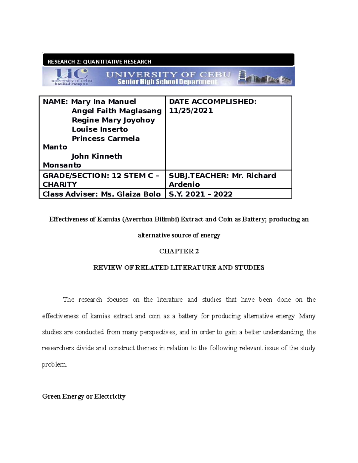 2ND Mastery 12 STEM C Group 5 - ECHO ( Draft 2) - NAME: Mary Ina Manuel Angel Faith Maglasang ...