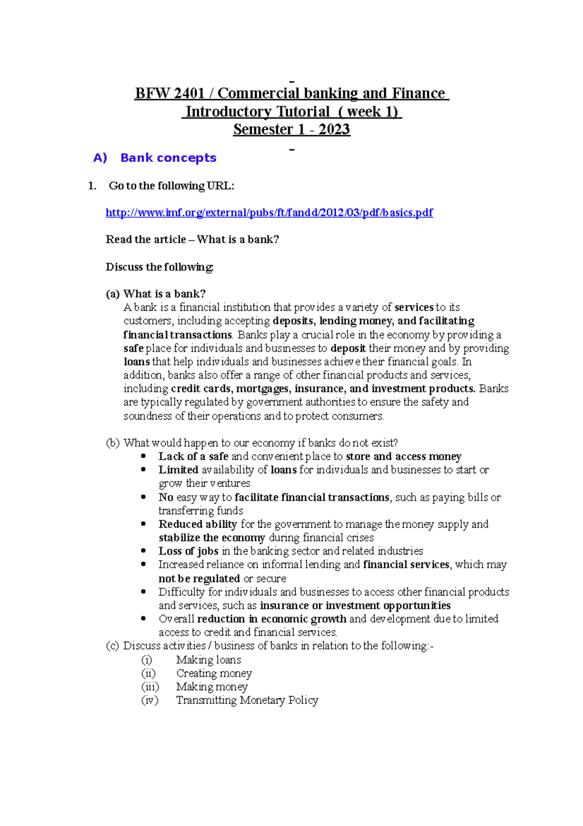 Introductory tutorial week 1 - BFW 2401 / Commercial banking and ...