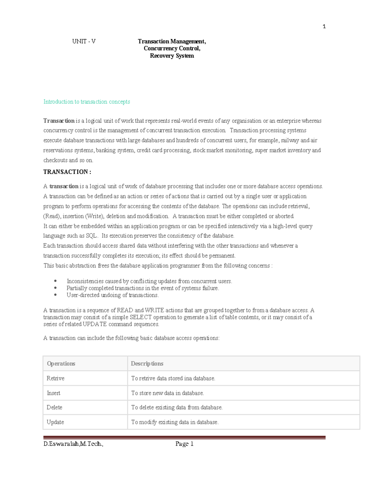 UNIT 5 DBMS - good - UNIT - V Transaction Management, Concurrency Control, Recovery System - Studocu