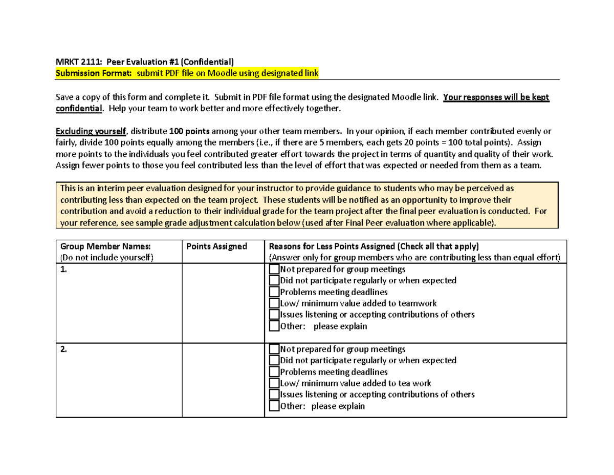 MRKT2111 Peer Evaluation Form 1 Interim 2020 - MRKT 2111: Peer ...