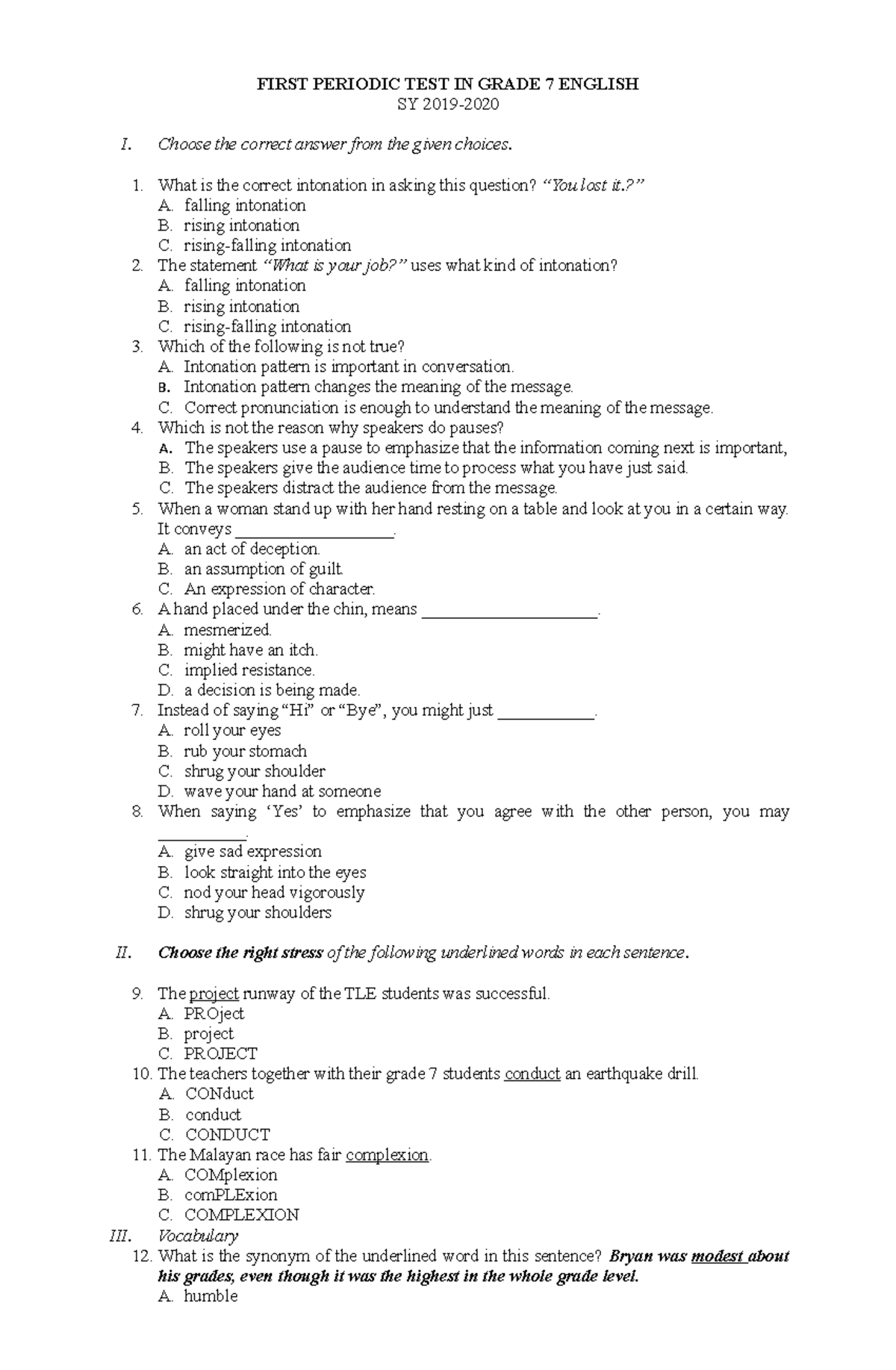 1st Periodic Test - English 7 - FIRST PERIODIC TEST IN GRADE 7 ENGLISH ...
