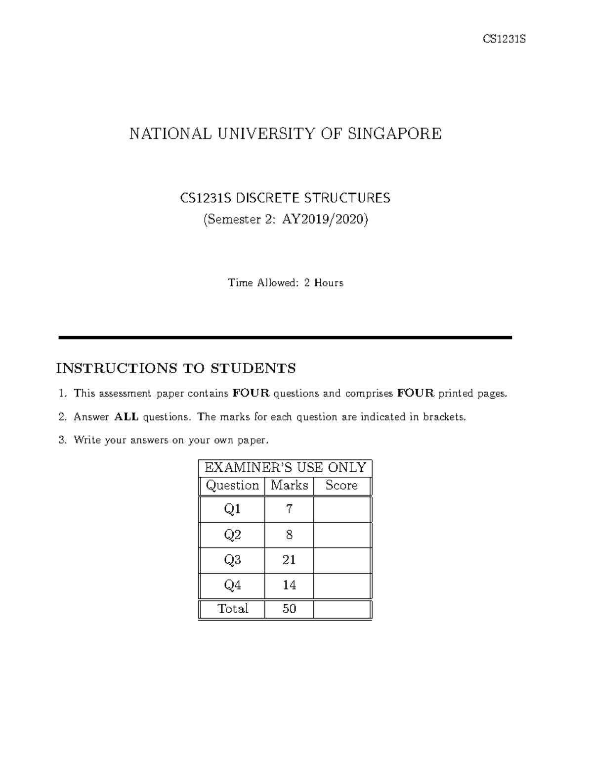 19-20 Sem 2 Solution - nil - CS1231S NATIONAL UNIVERSITY OF SINGAPORE CS1231S DISCRETE ...