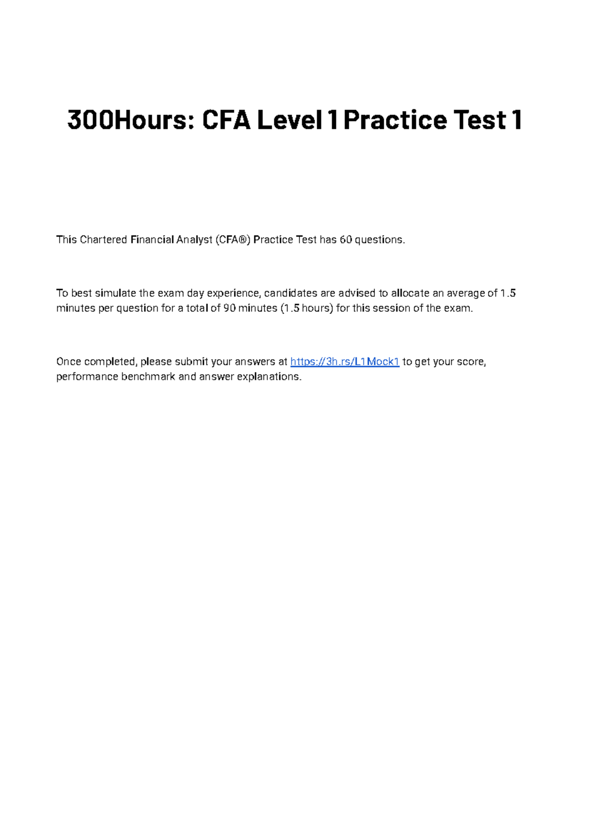 Free CFA Level 1 Practice Test 1 - 300Hours - 300Hours: CFA Level 1 ...