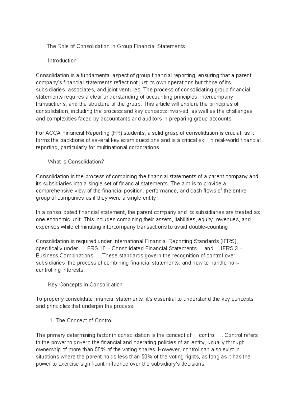 The Role of Consolidation in Group Financial Statements - The Role of ...