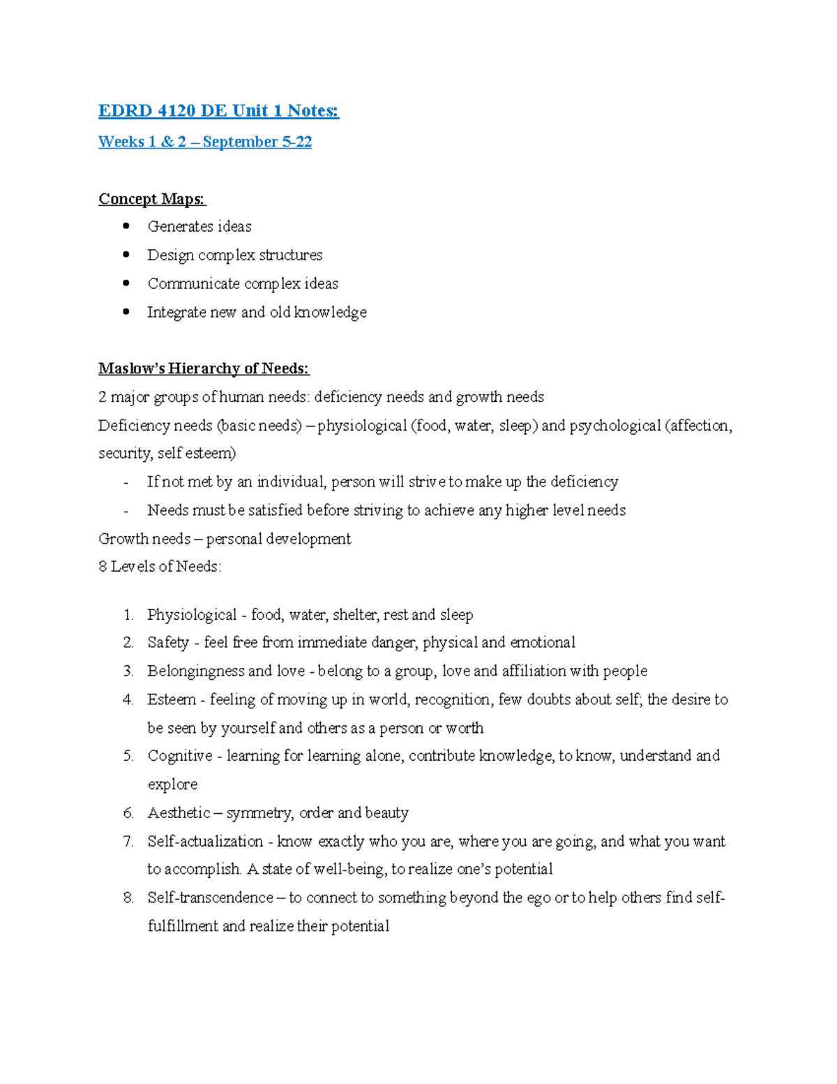 Unit 1 Unit One Notes Edrd 4120 De Unit 1 Notes Weeks 1 And 2 September 5 Concept Maps