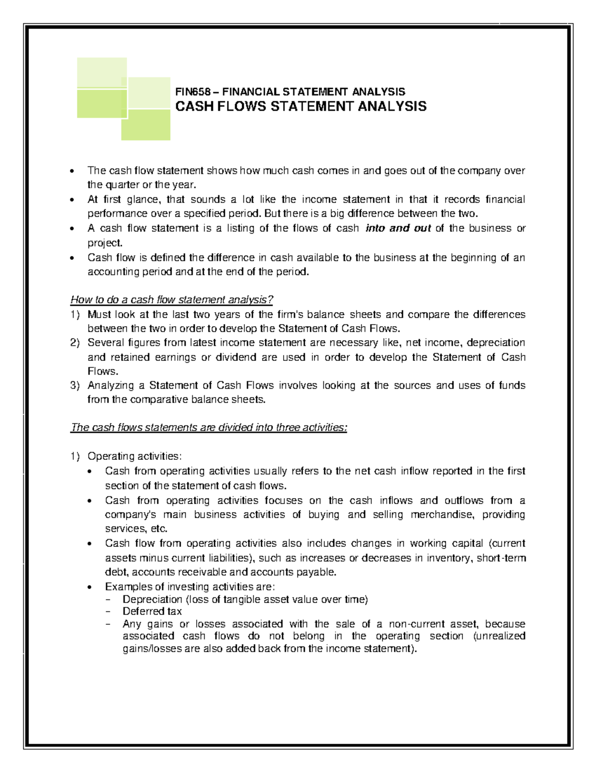 FIN658 Add Notes Cash Flows students - FIN658 – FINANCIAL STATEMENT ...
