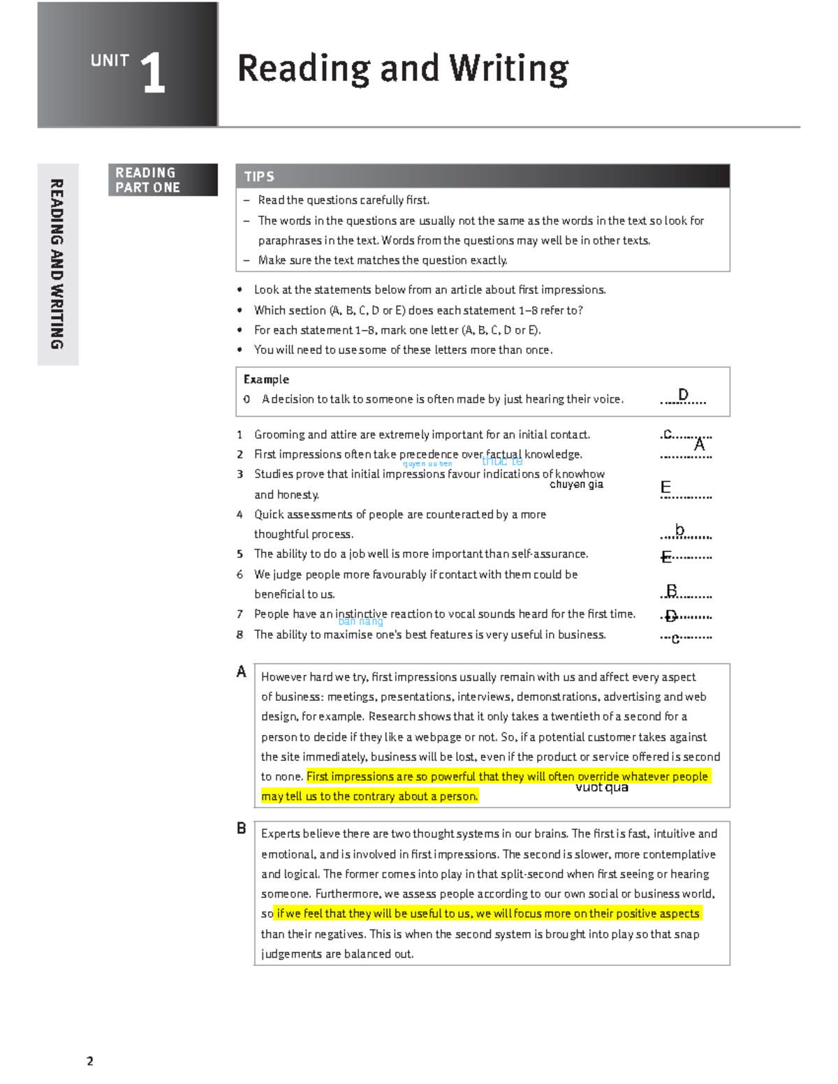 Reading bank - READING AND WRITING 1 unit TIPS Read the questions ...