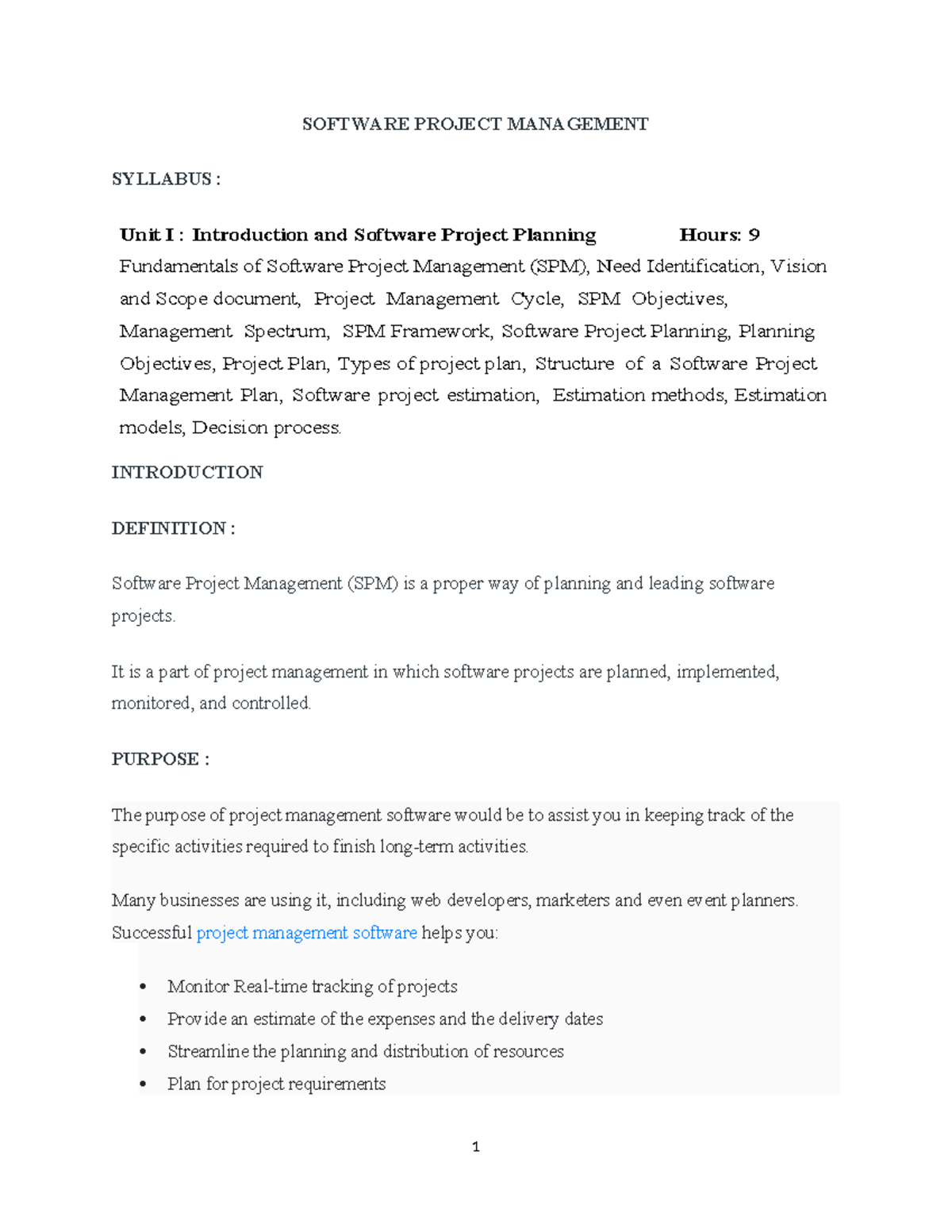 Unit 1 - SPM NOTES - SOFTWARE PROJECT MANAGEMENT SYLLABUS : Unit I ...
