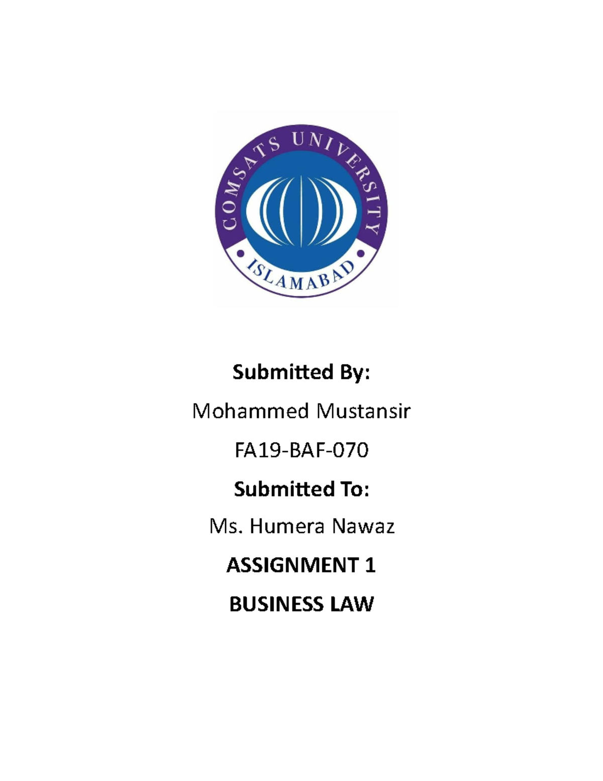 A1 Mohammed Mustansir FA19-BAF-070 - Submitted By:MohammedMustan sir ...