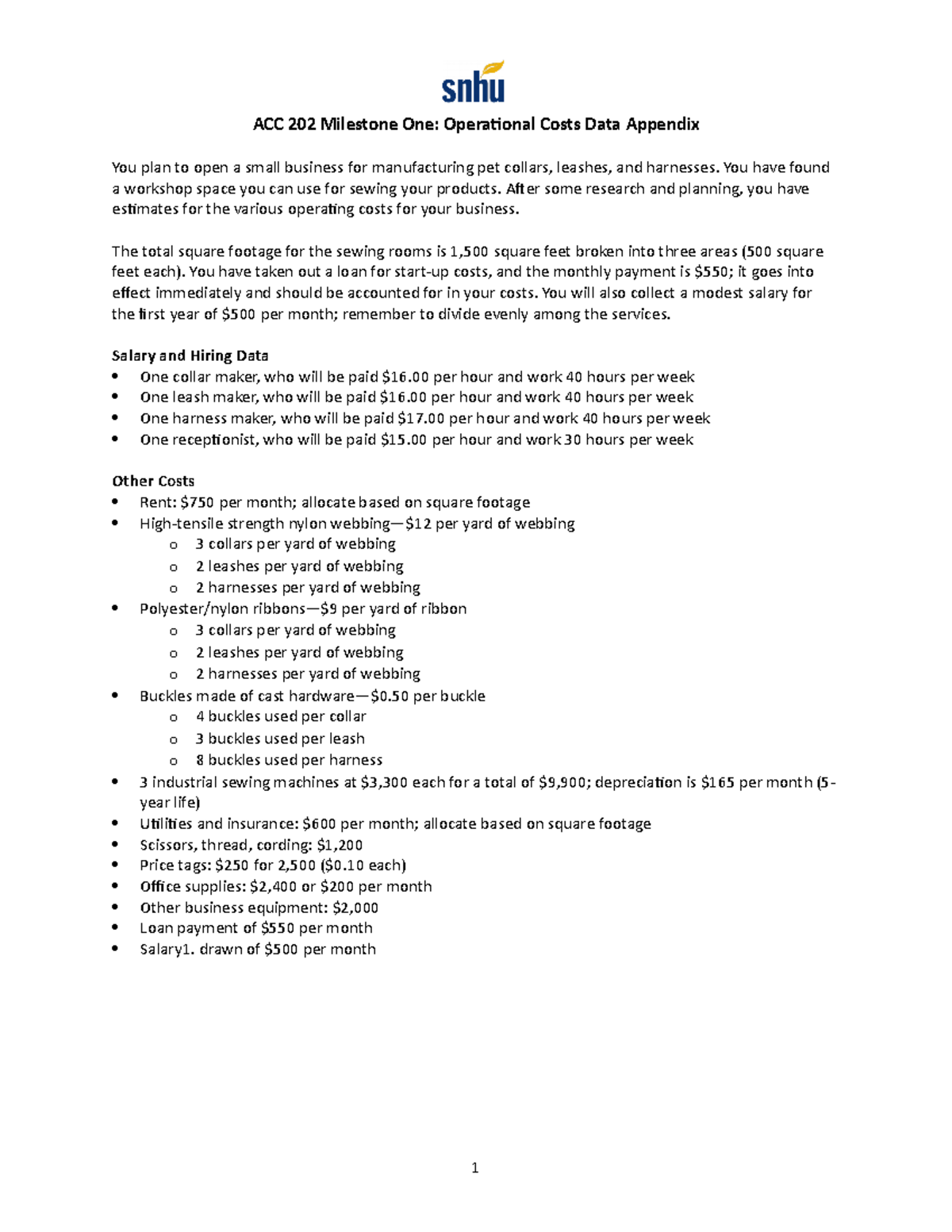 ACC 202 Milestone One Operational Costs Data Appendix - You have found ...