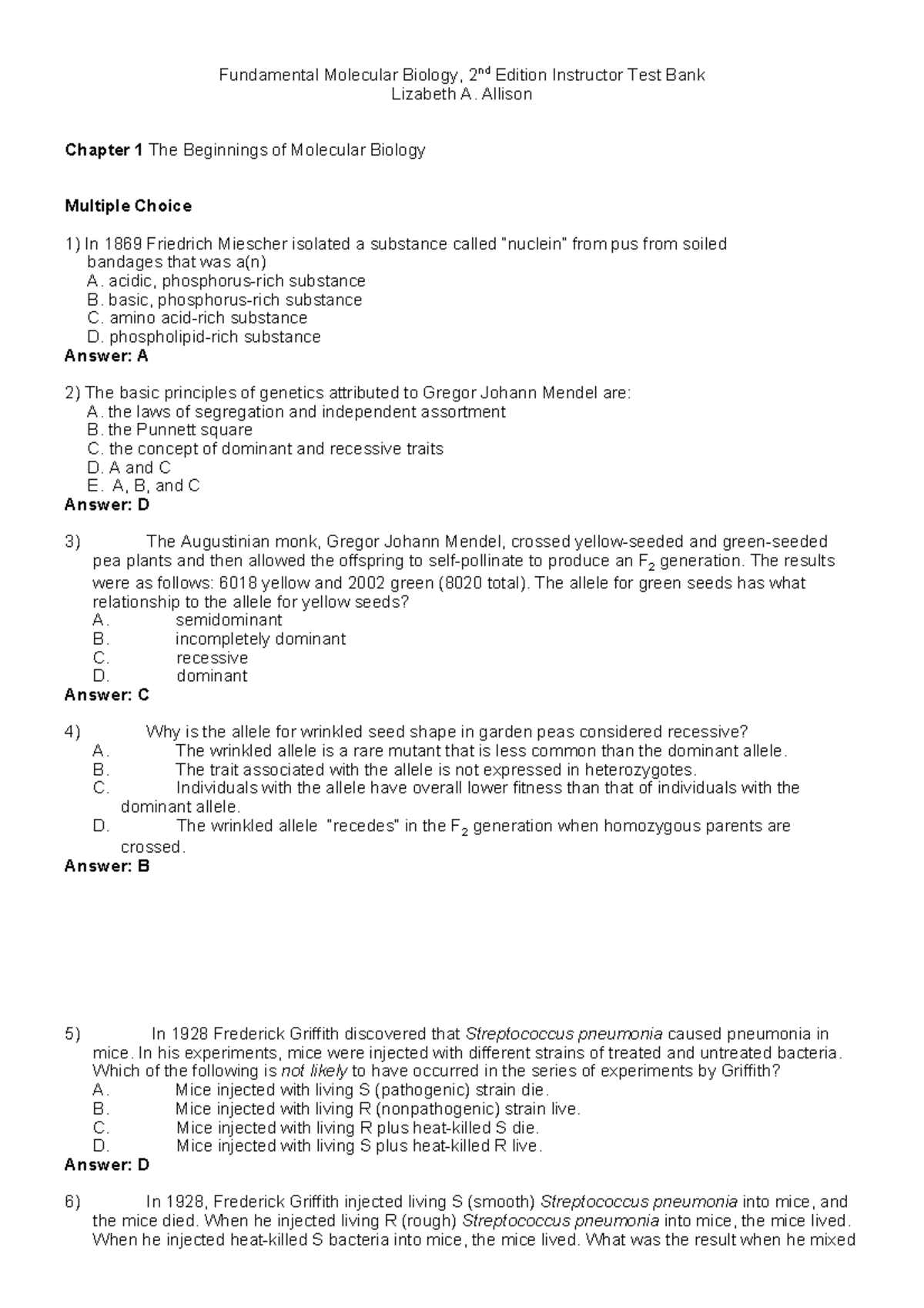Chapter 1: Fundamental Molecular Biology Test Bank - Fundamental ...