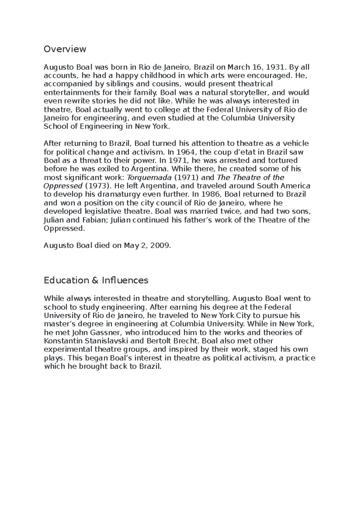 Boal notes - Theatrical Practioner's for Year 11 and 12 Drama ...