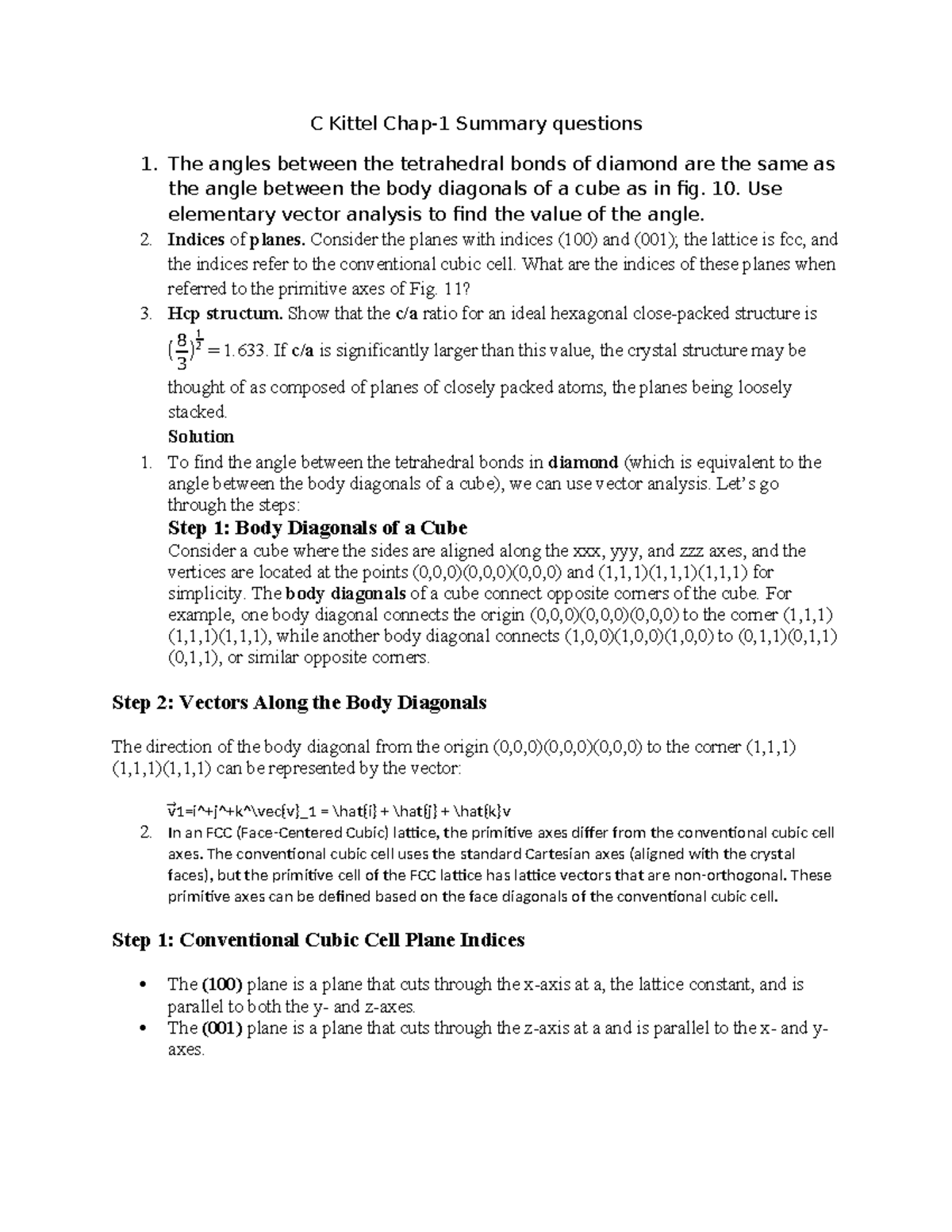 C kittel Chap- 1 Summary Ques - C Kittel Chap-1 Summary questions The angles between the ...