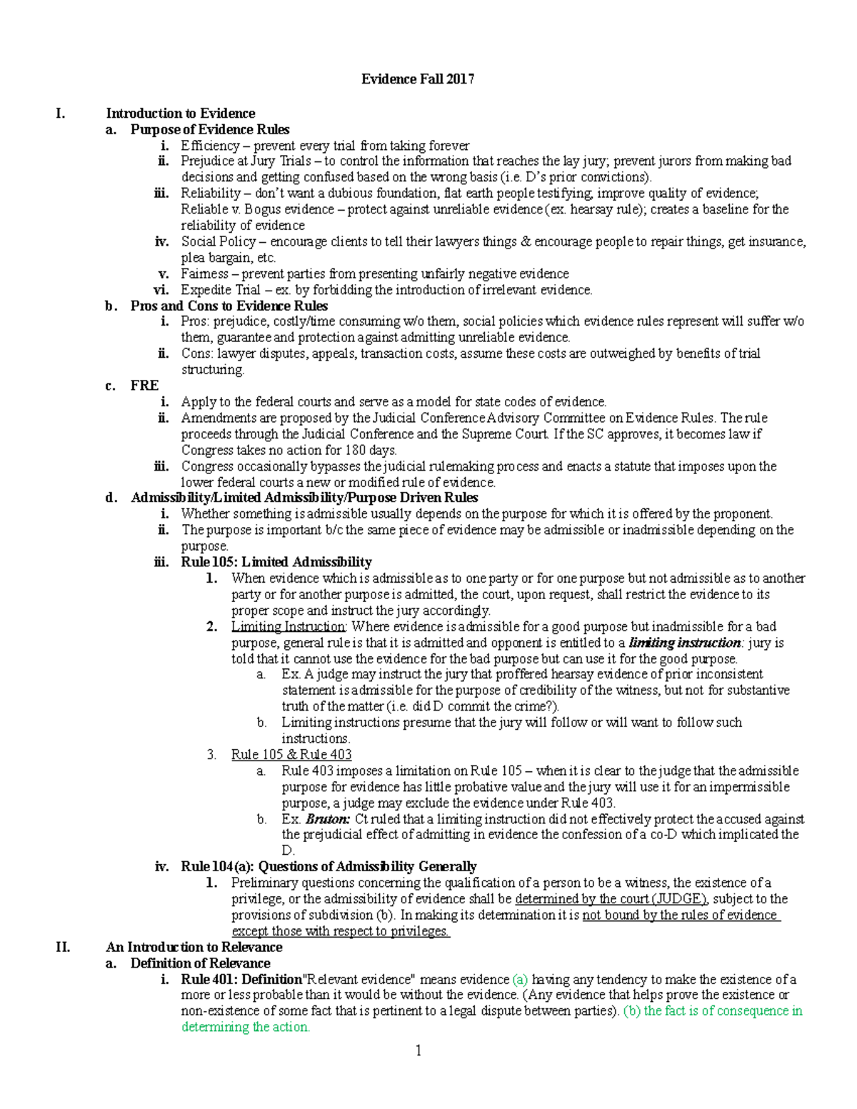 Professor Capra Evidence Transcript (2021) - Evidence Fall 2017 I. II ...