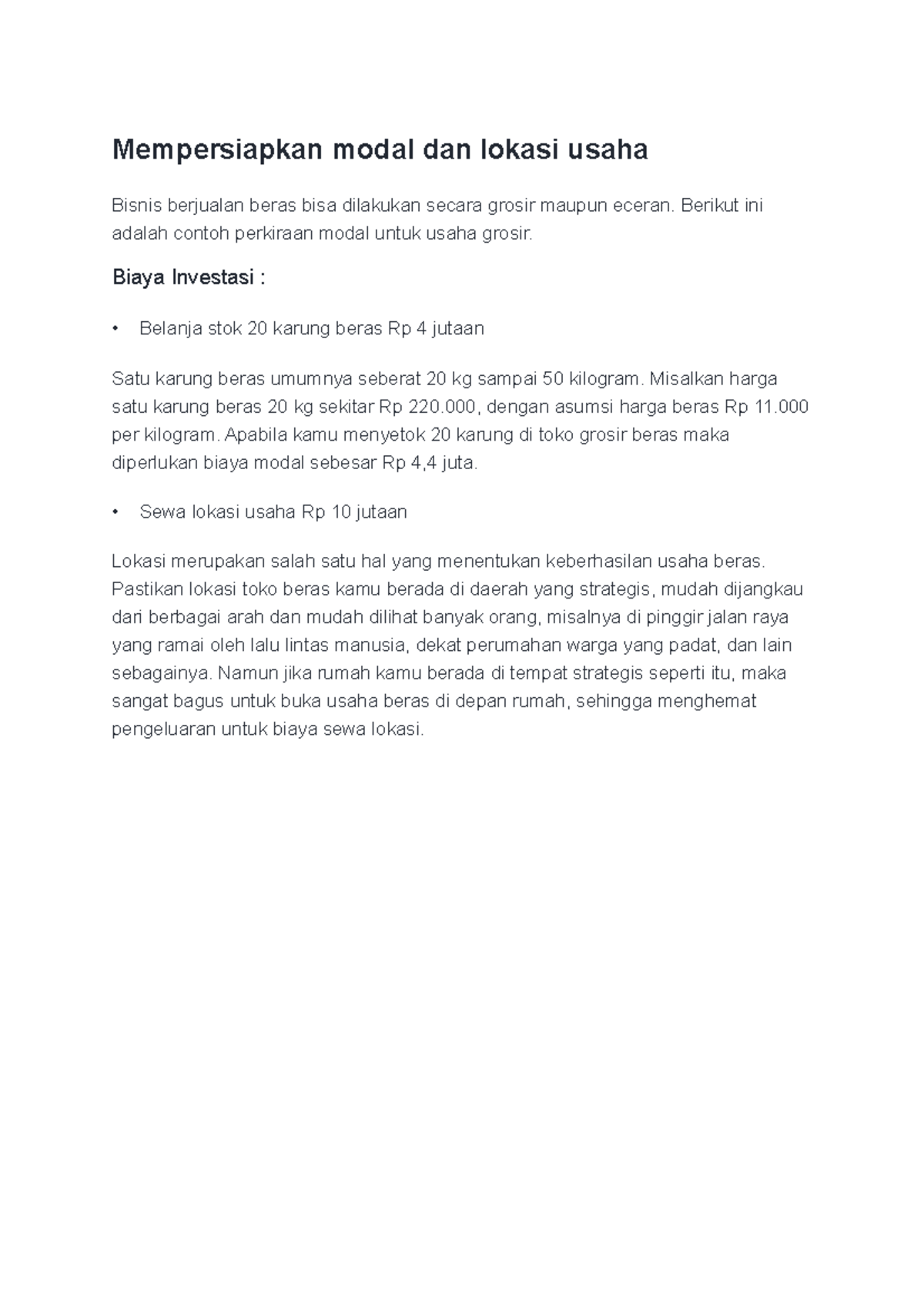 Mempersiapkan modal dan lokasi usaha - Berikut ini adalah contoh ...
