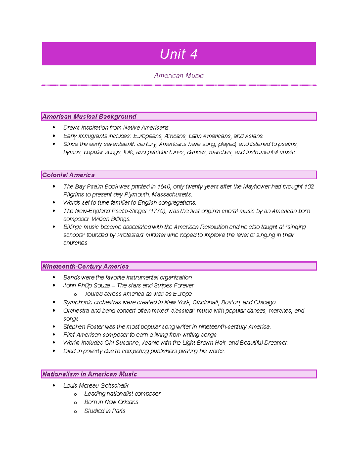 MUS 105 - Unit 4 Class Notes - Unit 4 American Music American Musical ...