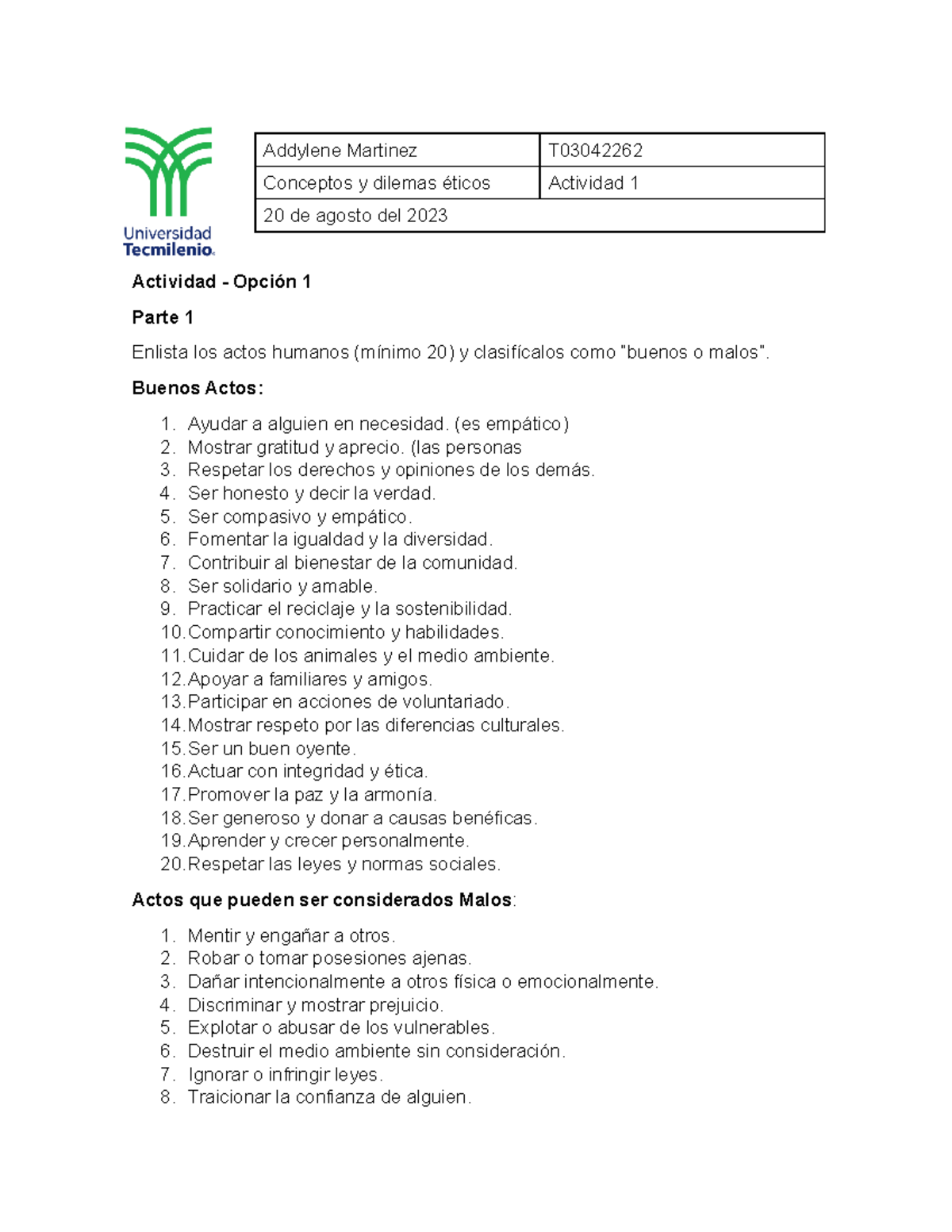 Actividad 1 Conceptos Y Dilemas Éticos - Actividad - Opción 1 Parte 1 ...