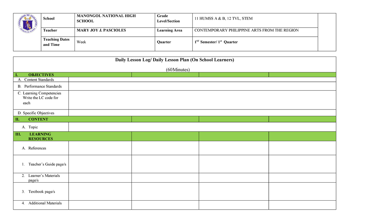 Lesson PLAN WEEK 1 - blank - Copy - School MANONGOL NATIONAL HIGH ...