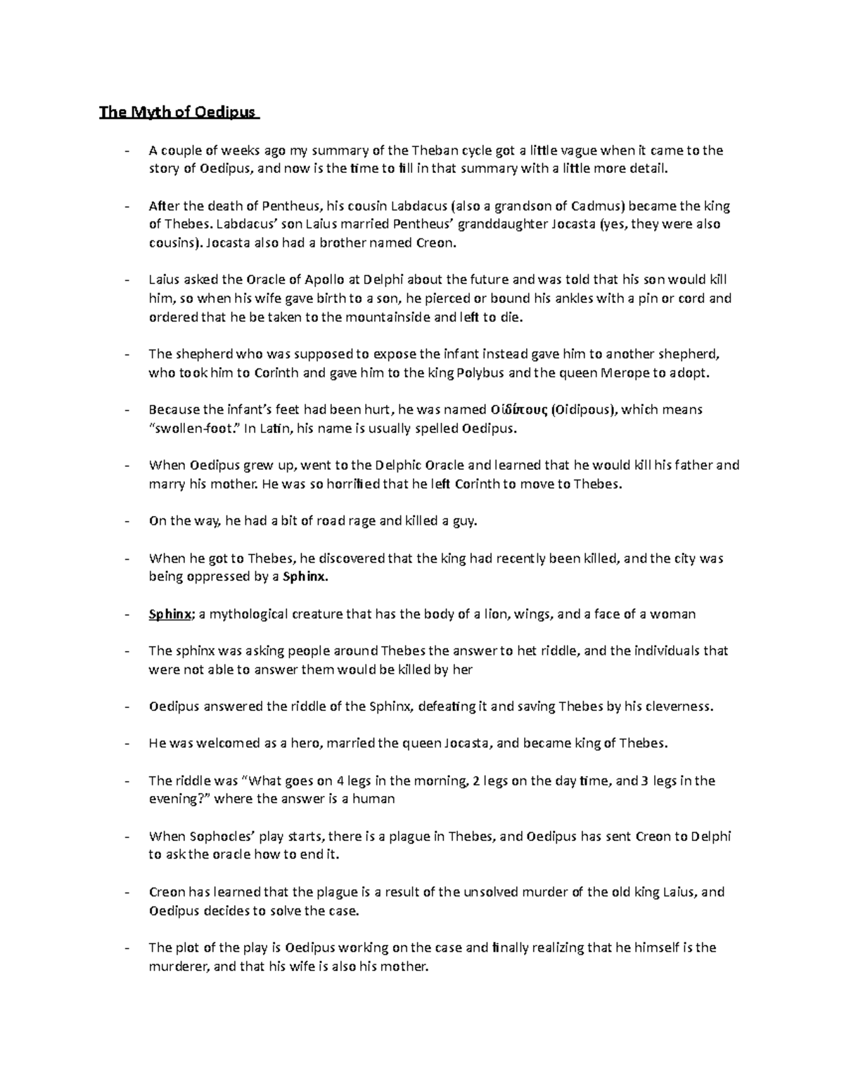 The Myth of Oedipus - Classical Studies 2200 - UWO - Studocu