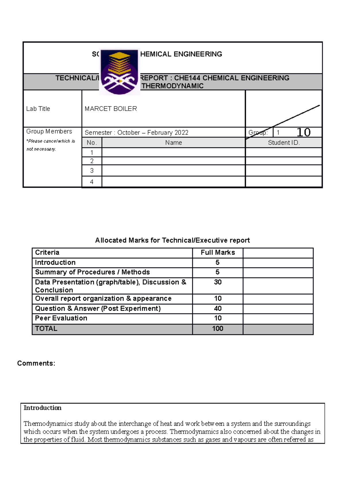 CHE144 Marcet Boiler LAB Report - SCHOOL OF CHEMICAL ENGINEERING ...