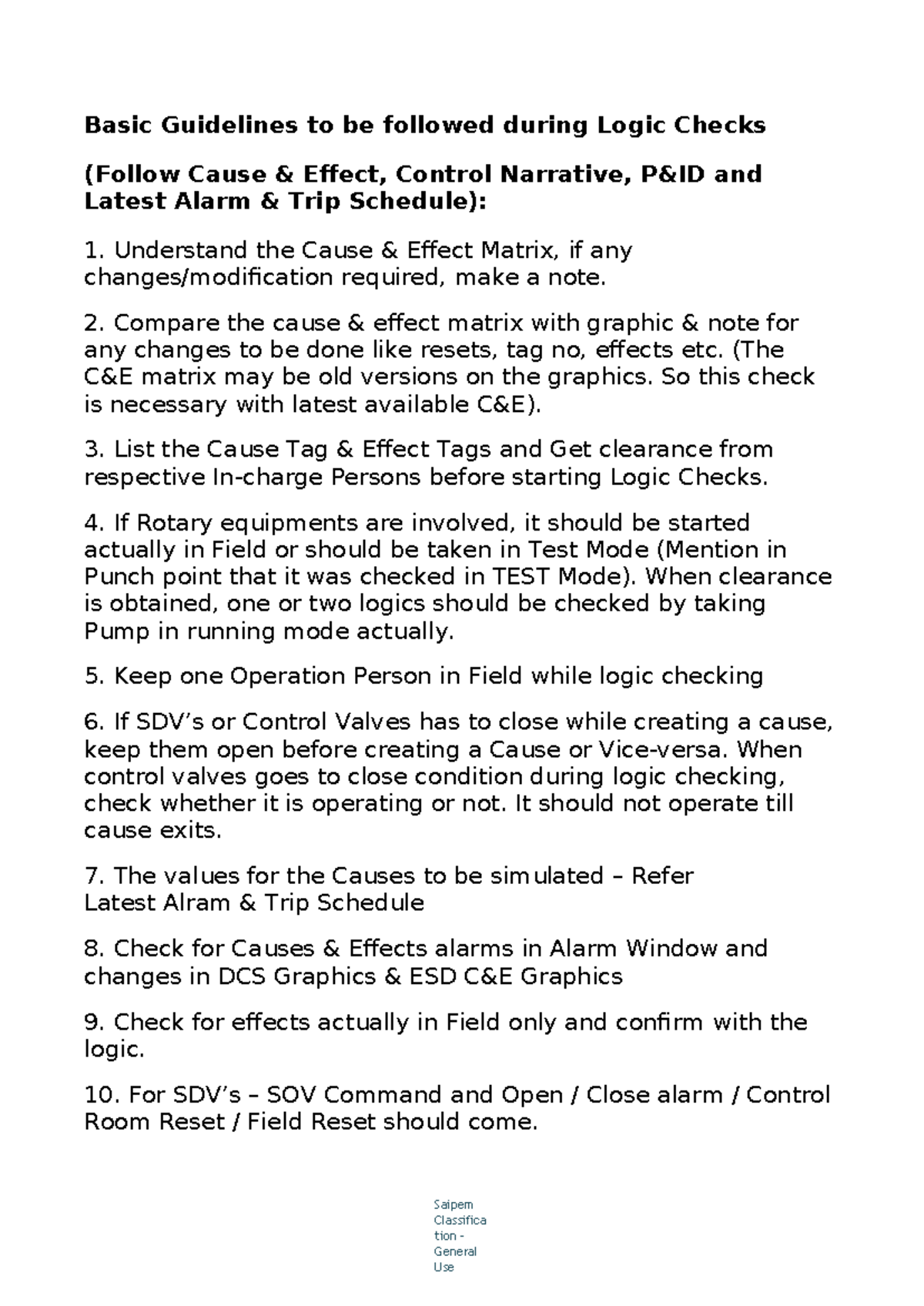 Basic Guidelines to be followed during Logic Checks - Saipem Classifica ...