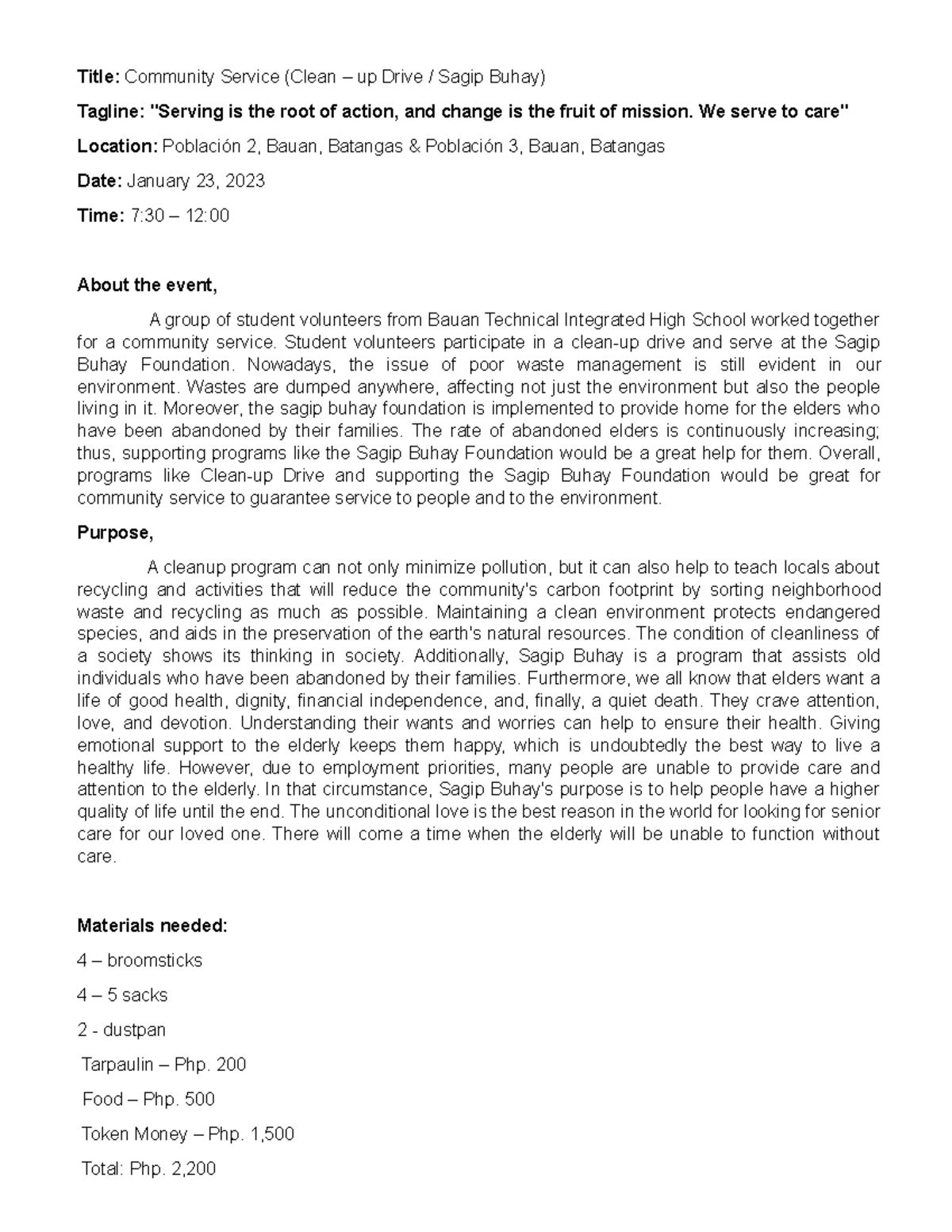 Action plan - welcome agad! - Title: Community Service (Clean – up ...