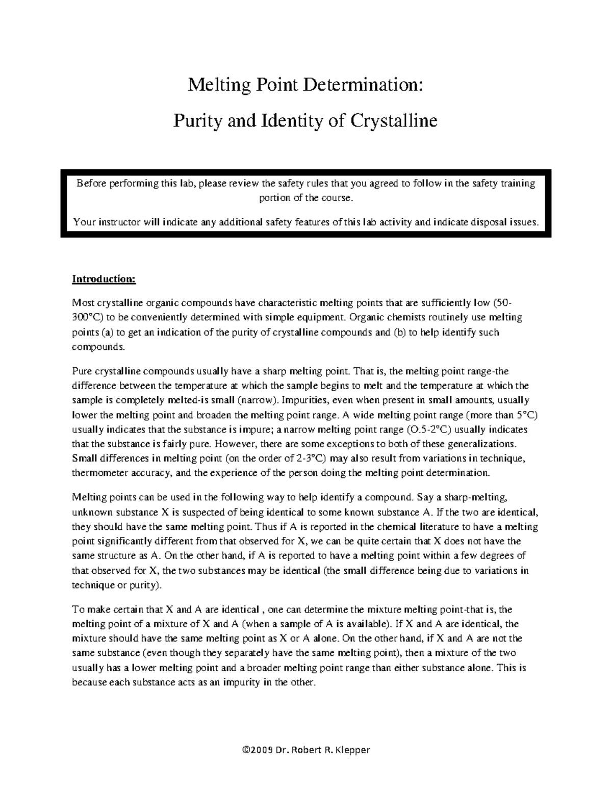 ORG LAB Melting Point Determination 2009 - Melting Point Determination: Purity and Identity of ...