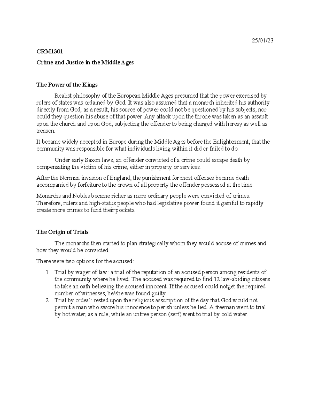 CRM1301 Crime and justice in the middle ages reading - 25/01/ CRM Crime ...