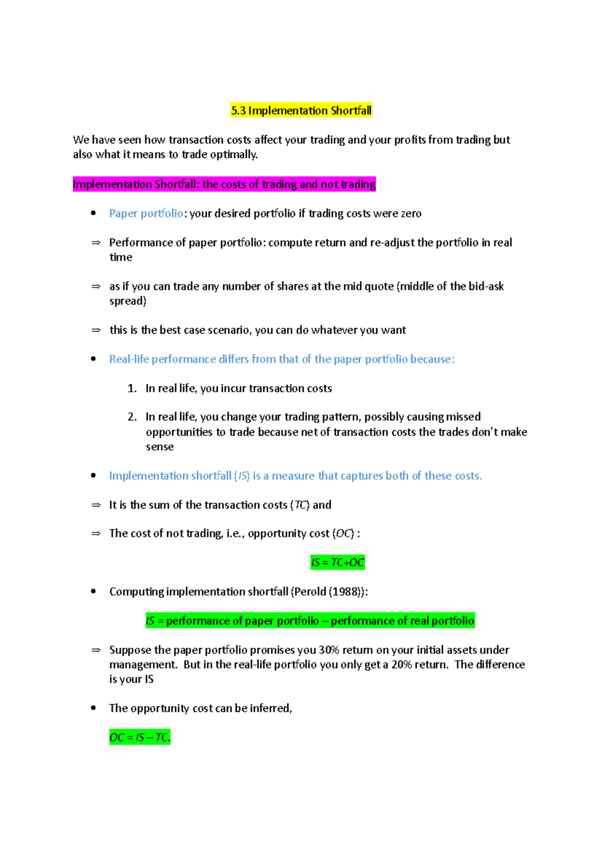 Implementation Shortfall Implementation Shortfall The Costs Of Trading And Not Trading Paper 