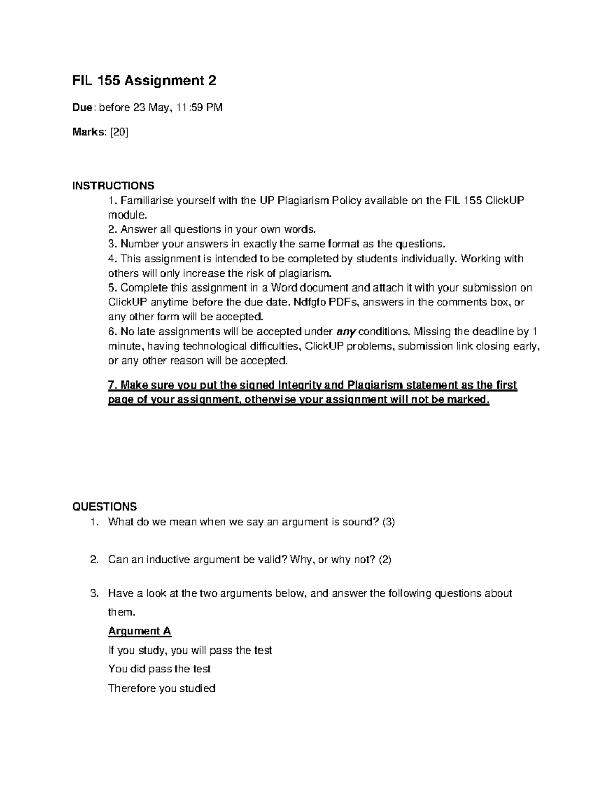 FIL 155 Tutorial Assignment 2 - FIL 155 Assignment 2 Due : before 23 May, 11:59 PM Marks : [20 ...